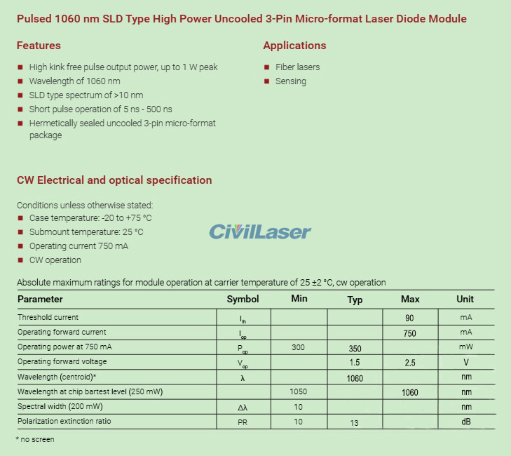 1060nm 350mW Pulsed 1W SLD Type 3-Pin SM Fiber Laser Source