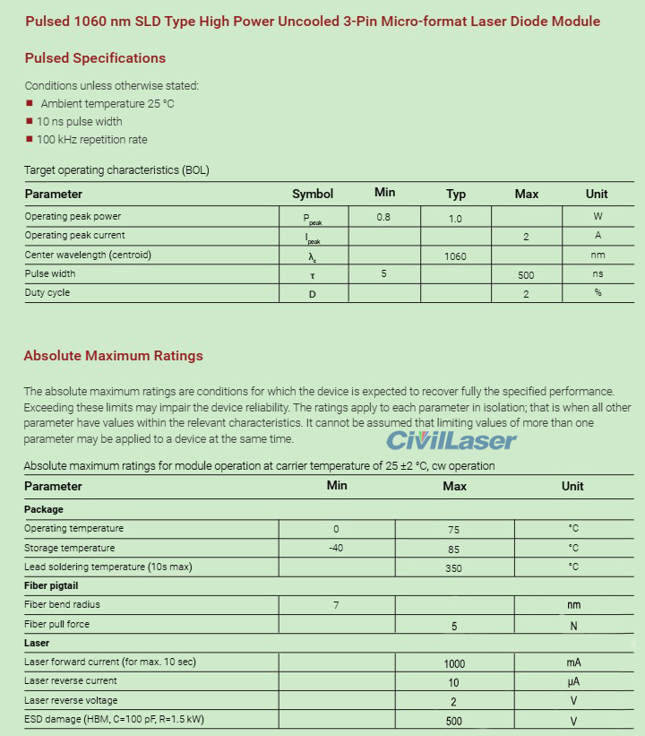 1060nm 350mW Pulsed 1W SLD Type 3-Pin SM Fiber Laser Source