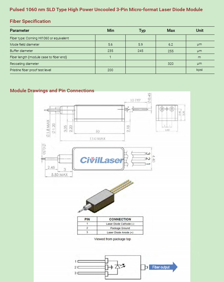 1060nm 350mW Pulsed 1W SLD Type 3-Pin SM Fiber Laser Source
