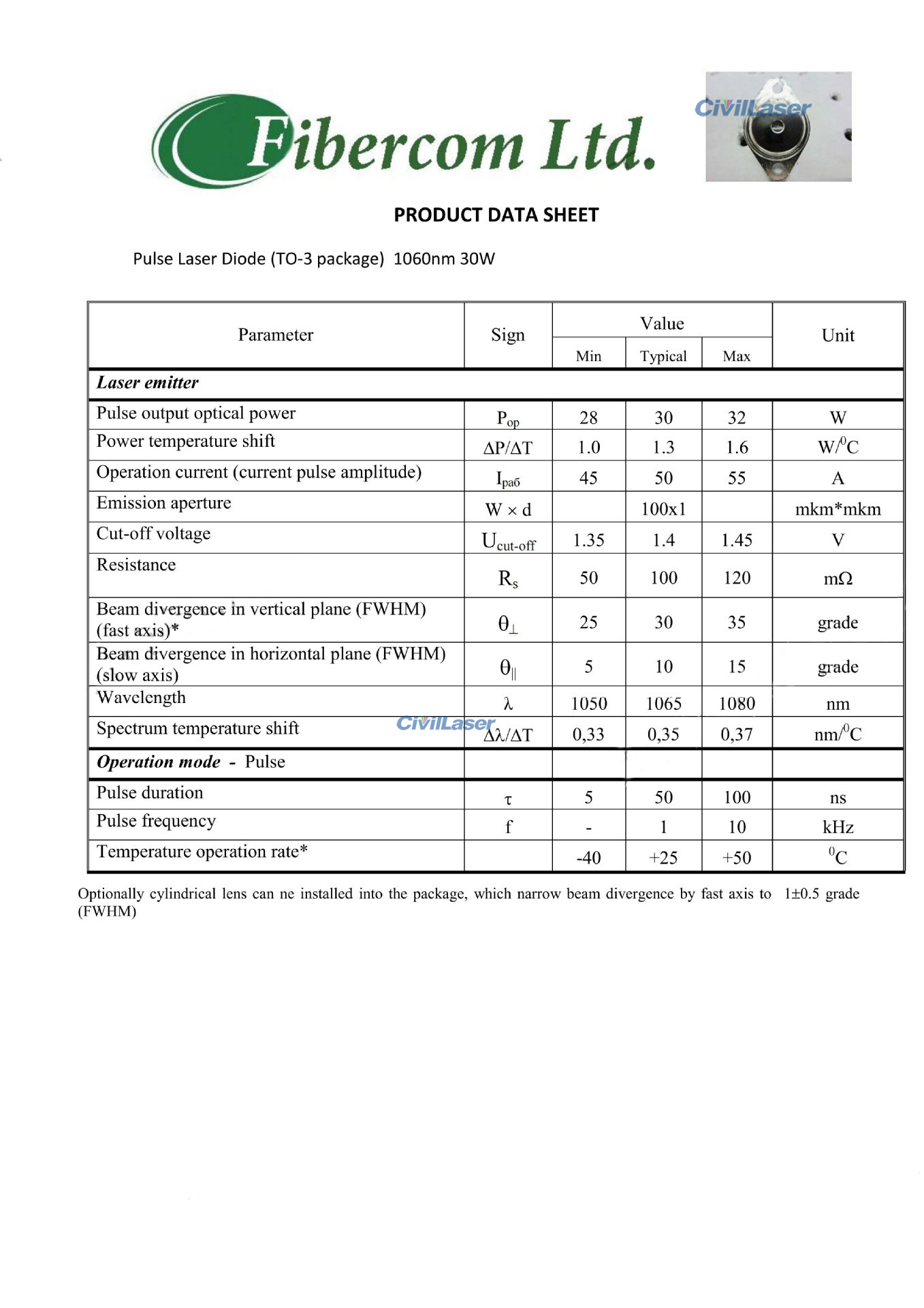 1060nm 30W Pulsed Laser Diode Fibercom 1060nm-TO3-30W-pulse TO3 Packaged