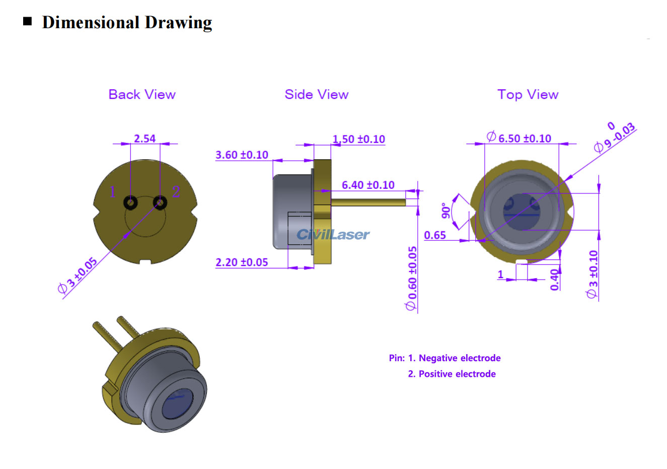 1064nm 2W 150μm Emitter Width 1mm Cavity Length Laser Diode TO9 Package ...