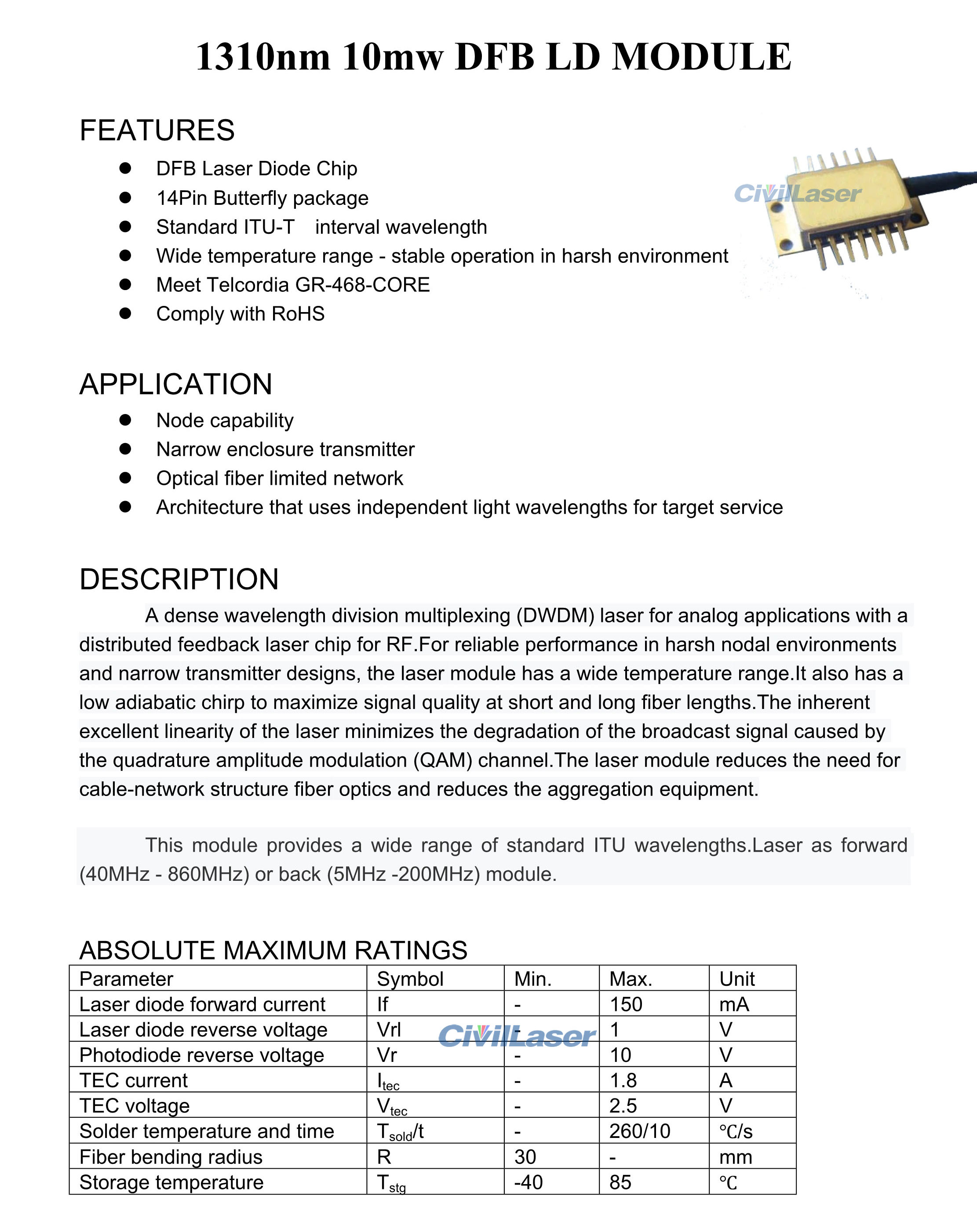 14-Pin 1310nm 10mW 20mW Single-mode DFB Laser Diode Module