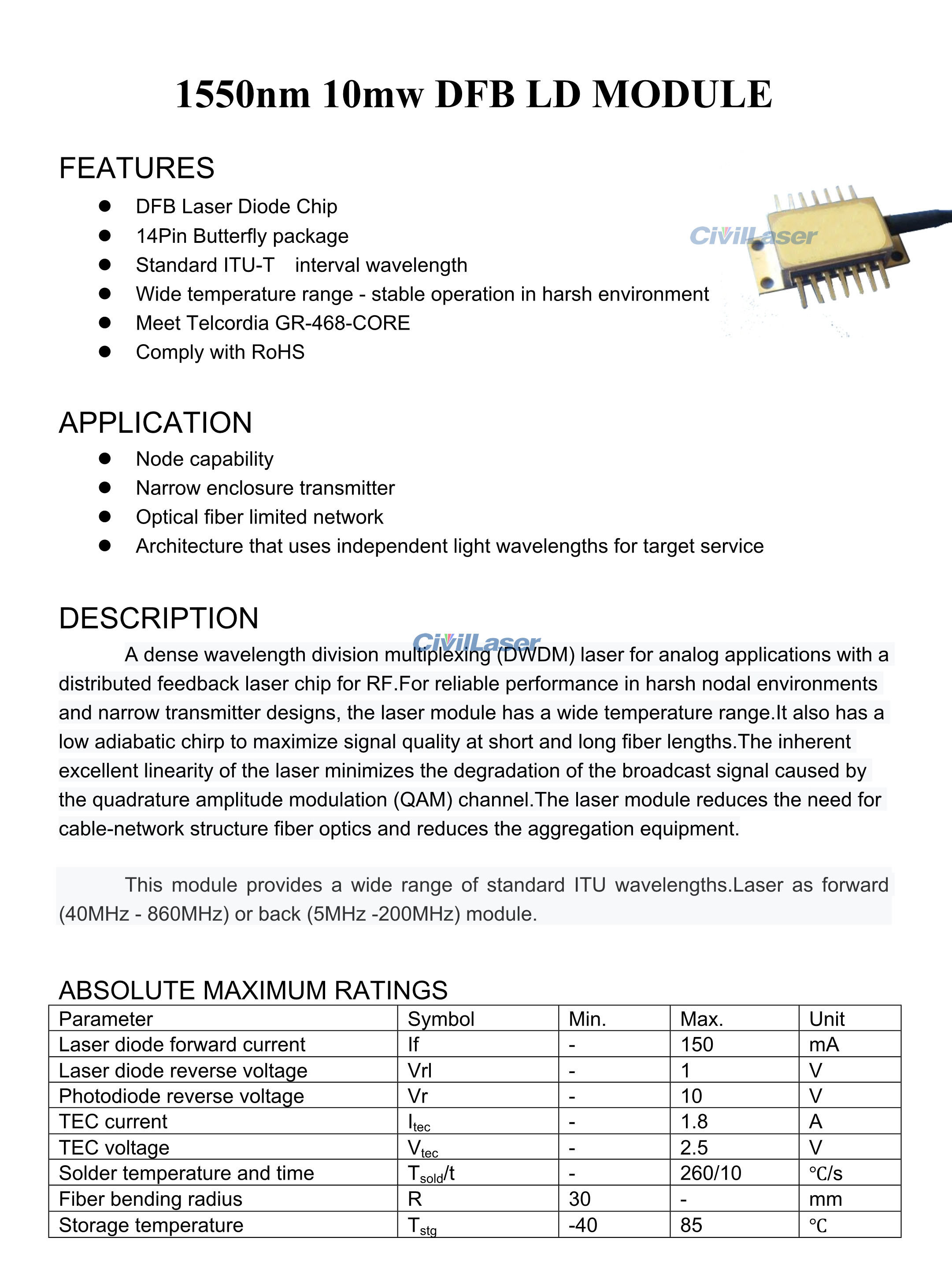 14-PIN 1550nm 10mW 20mW 9μm Single-mode DFB Laser Diode