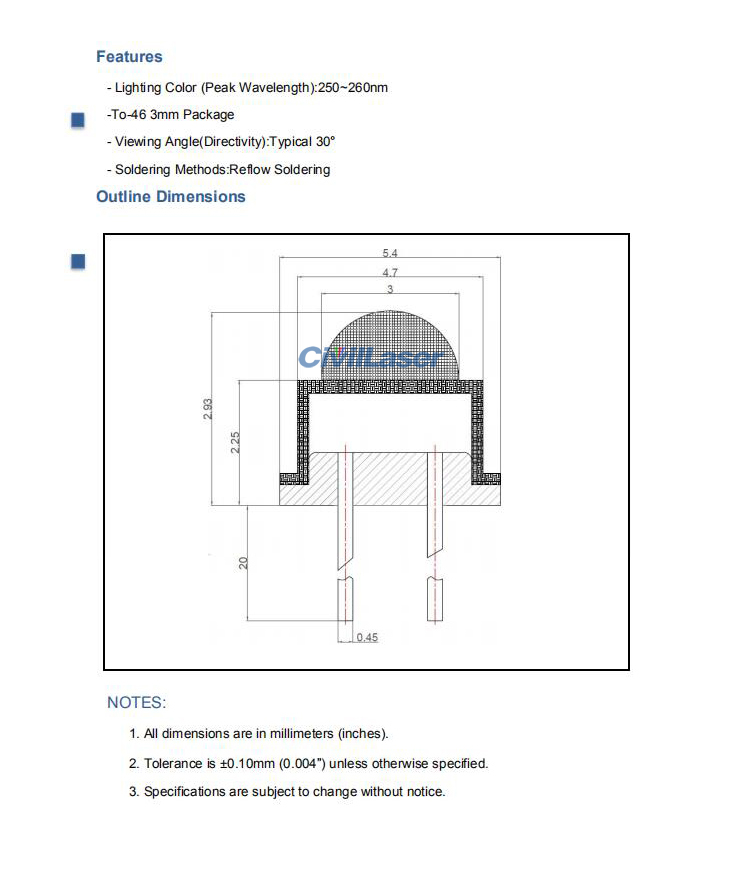 255nm 10mW UV Deep Ultraviolet LD TO-46 Package Water Quality Analysis ...