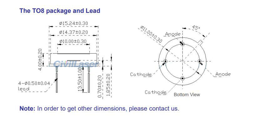 400nm~1100nm 6mm Silicon PIN Photodiode TO8 Can package