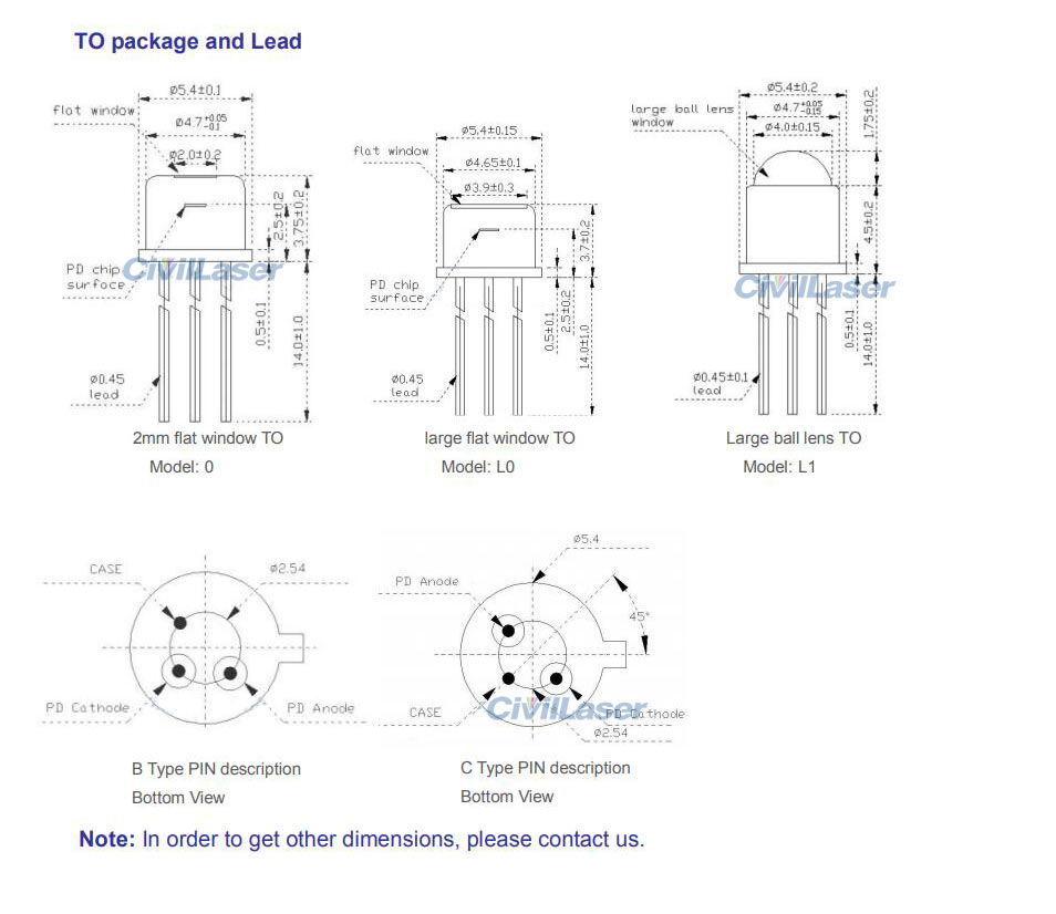 400nm~1700nm 1mm InGaAs PIN Photodiode TO46 Package