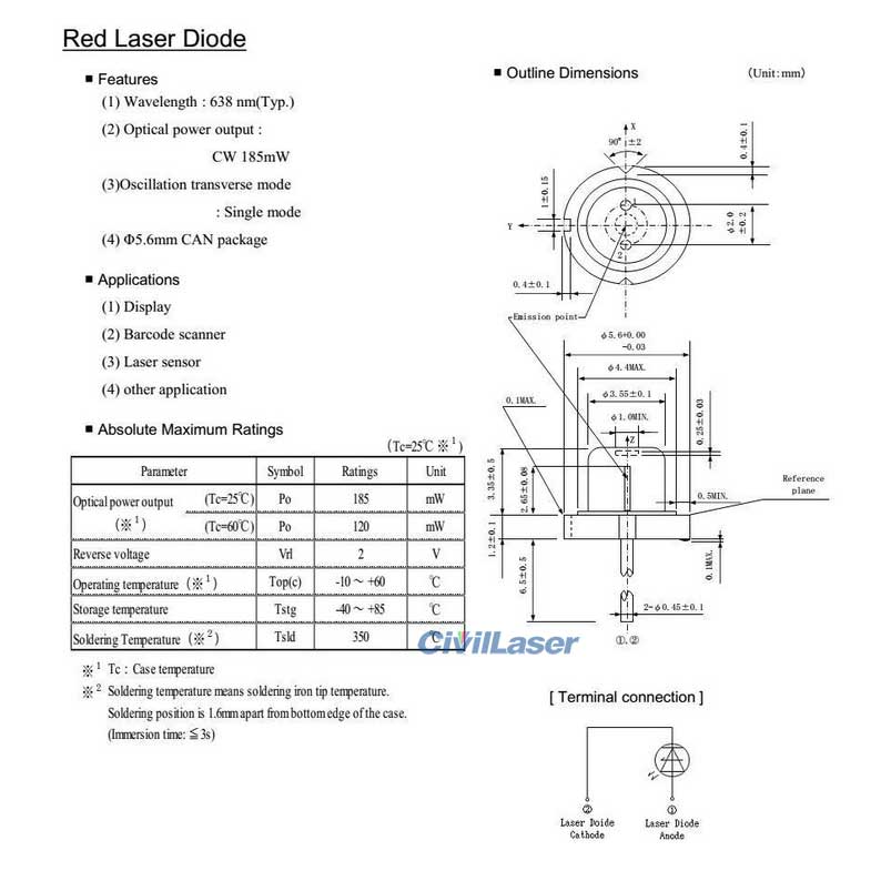 Sharp 635nm 638nm 185mW Red Laser Diode GH0631IA2GC Single Mode TO18-5.6