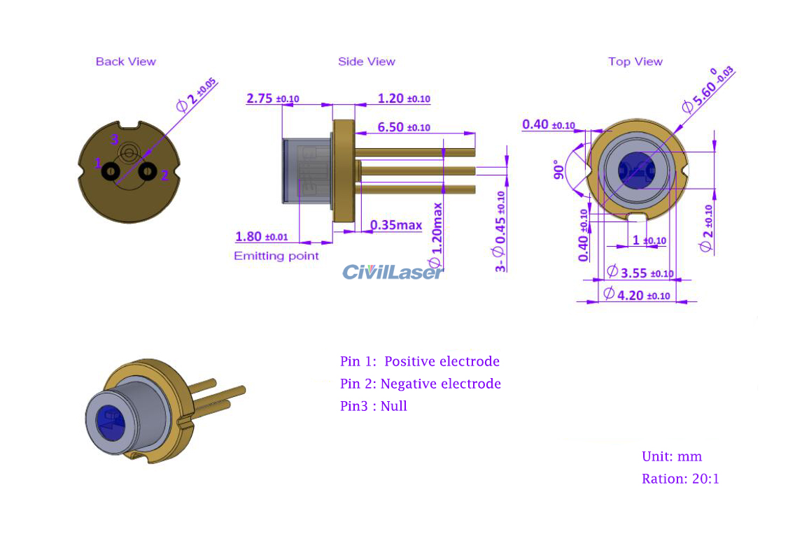 665nm 500mW TO56 CW Laser Diode Emitter Width 55μm 665A-55-0.5-1.2-TO-A1
