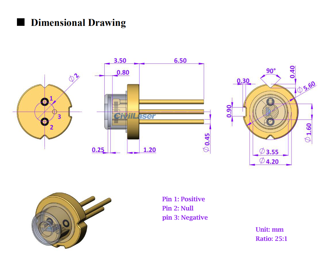 905nm 20W Laser Diode 50μm Emitting Width TO56 Package 905C-50-20-0.75-TO