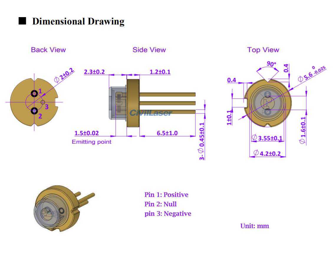 905nm 100W Pulsed Laser Diode in TO-56 Package 300μm Emitter Width 905D ...
