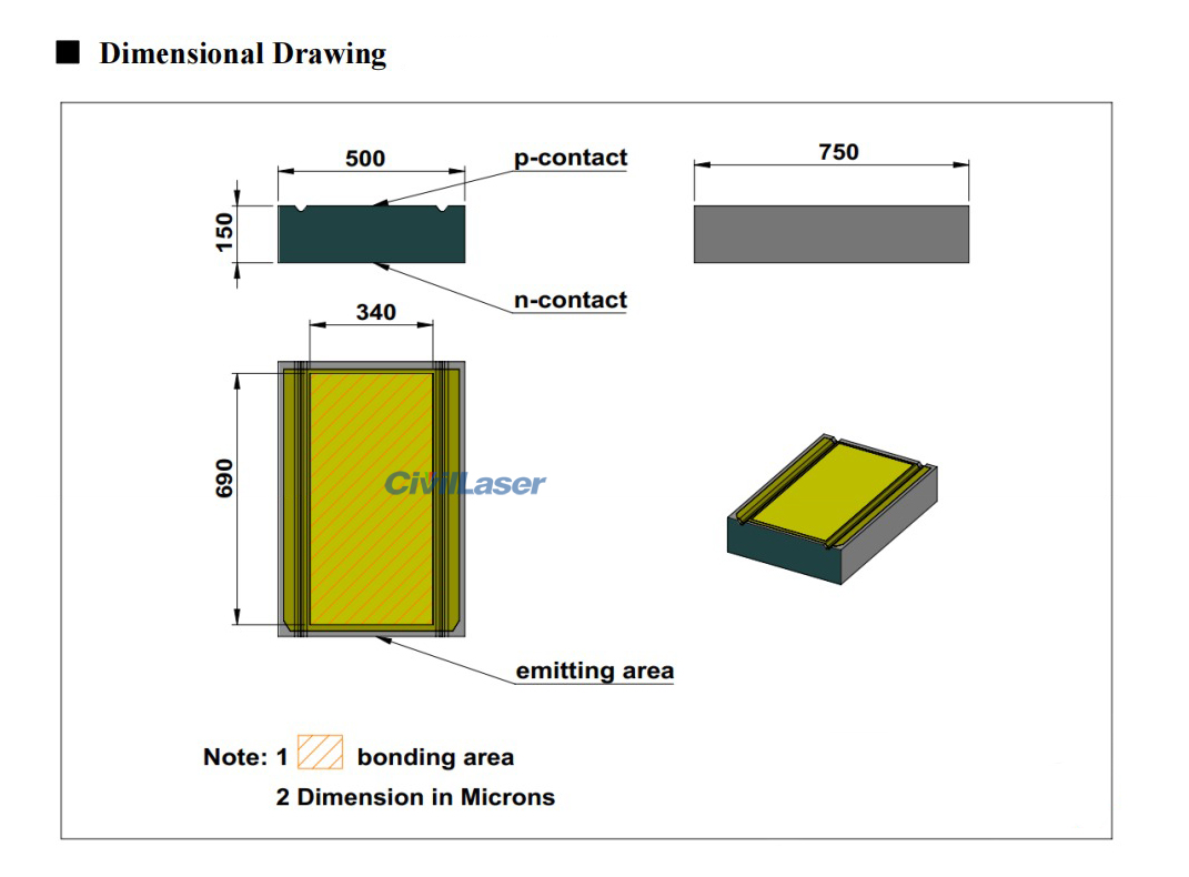 905nm 140W Pulsed Laser Diode 0.75mm Cavity Length Laser Chip Single ...