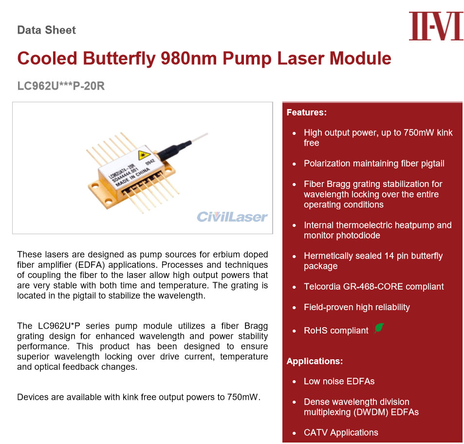 II-VI 974nm KFP 675mW DFB Laser Diode LC962UC74P-20R 14PIN with PM Fiber