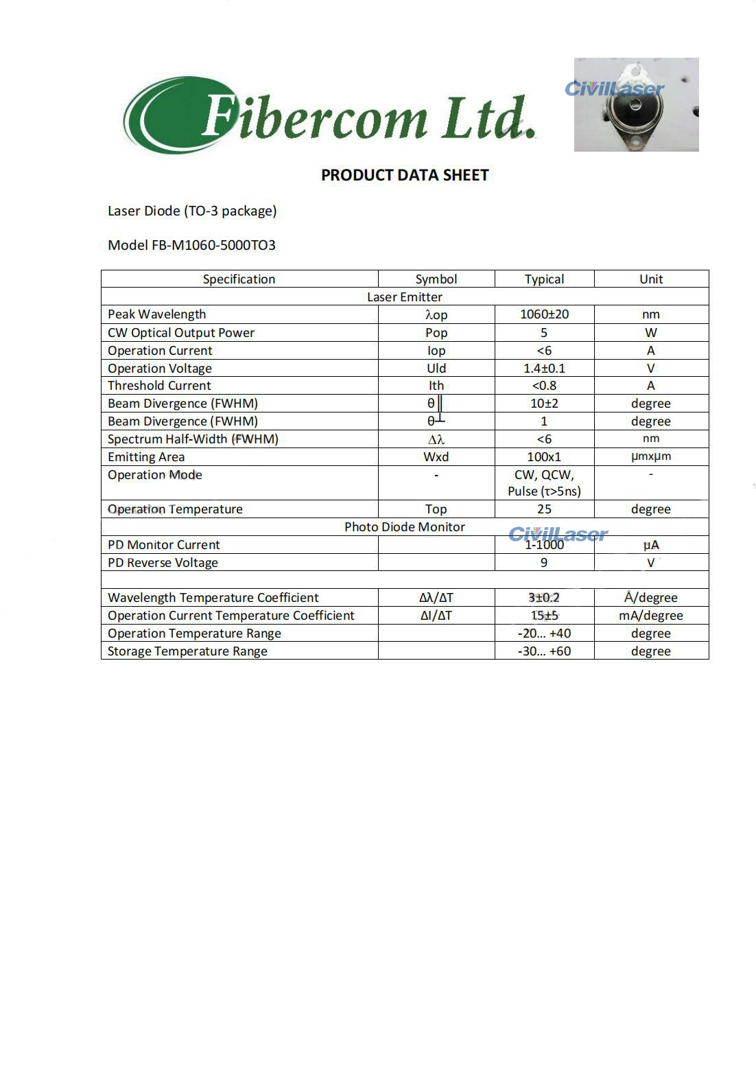 FiberCom FB-M1060-5000TO3 1060nm 5W TO3 Package Pulse Laser Diode CW QCW