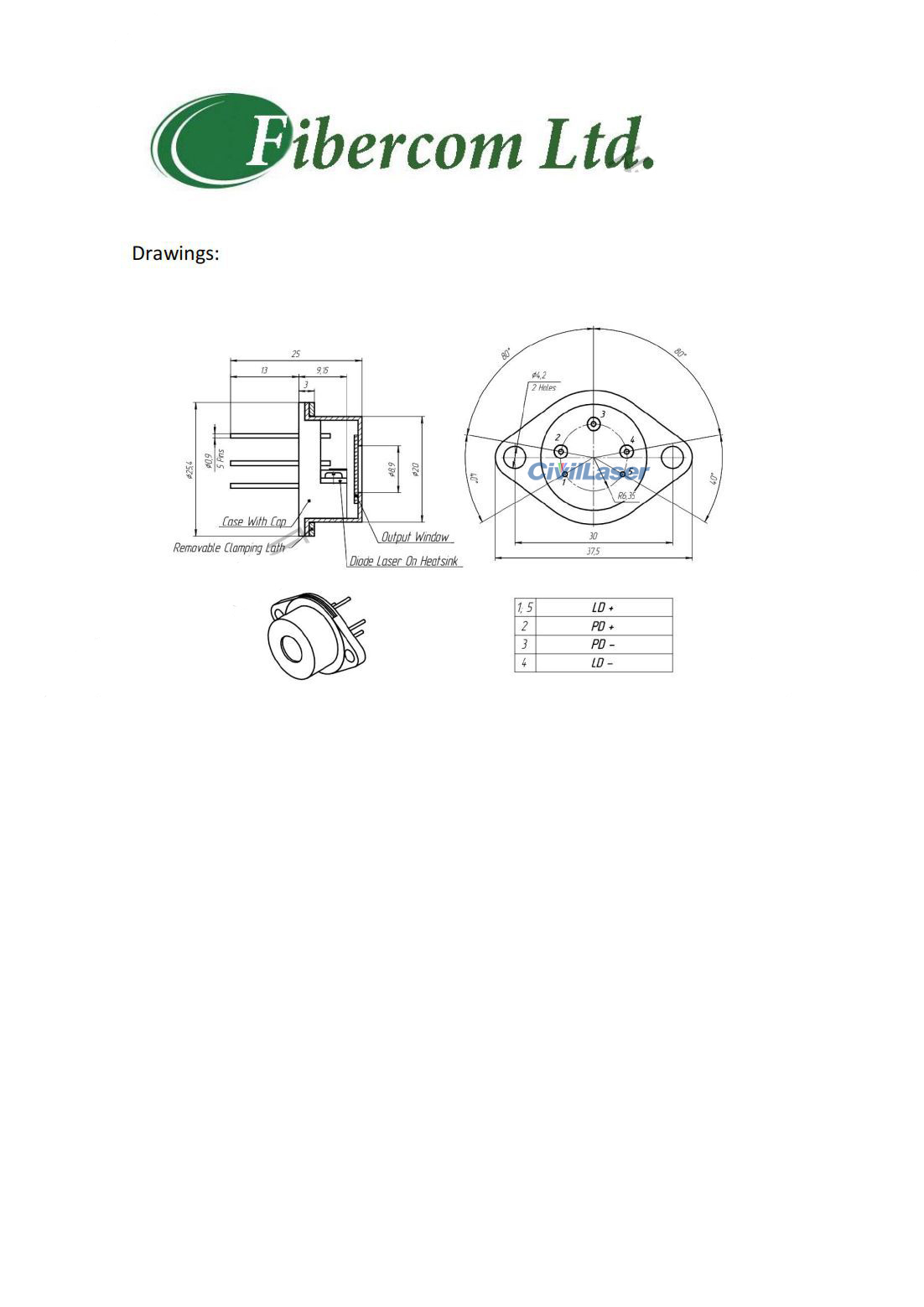 FiberCom FB-M1060-5000TO3 1060nm 5W TO3 Package Pulse Laser Diode CW QCW