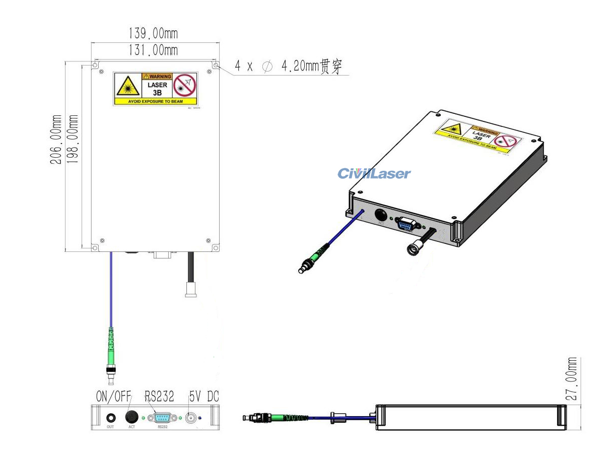 1080nm 100mW Single Mode Fiber Laser Source Module Type FL-1080-100-SM ...