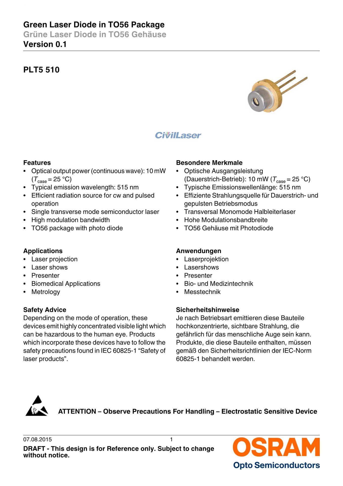 510nm 10mW 15mW OSRAM LD PTL5 510 TO56 Green Laser Diode