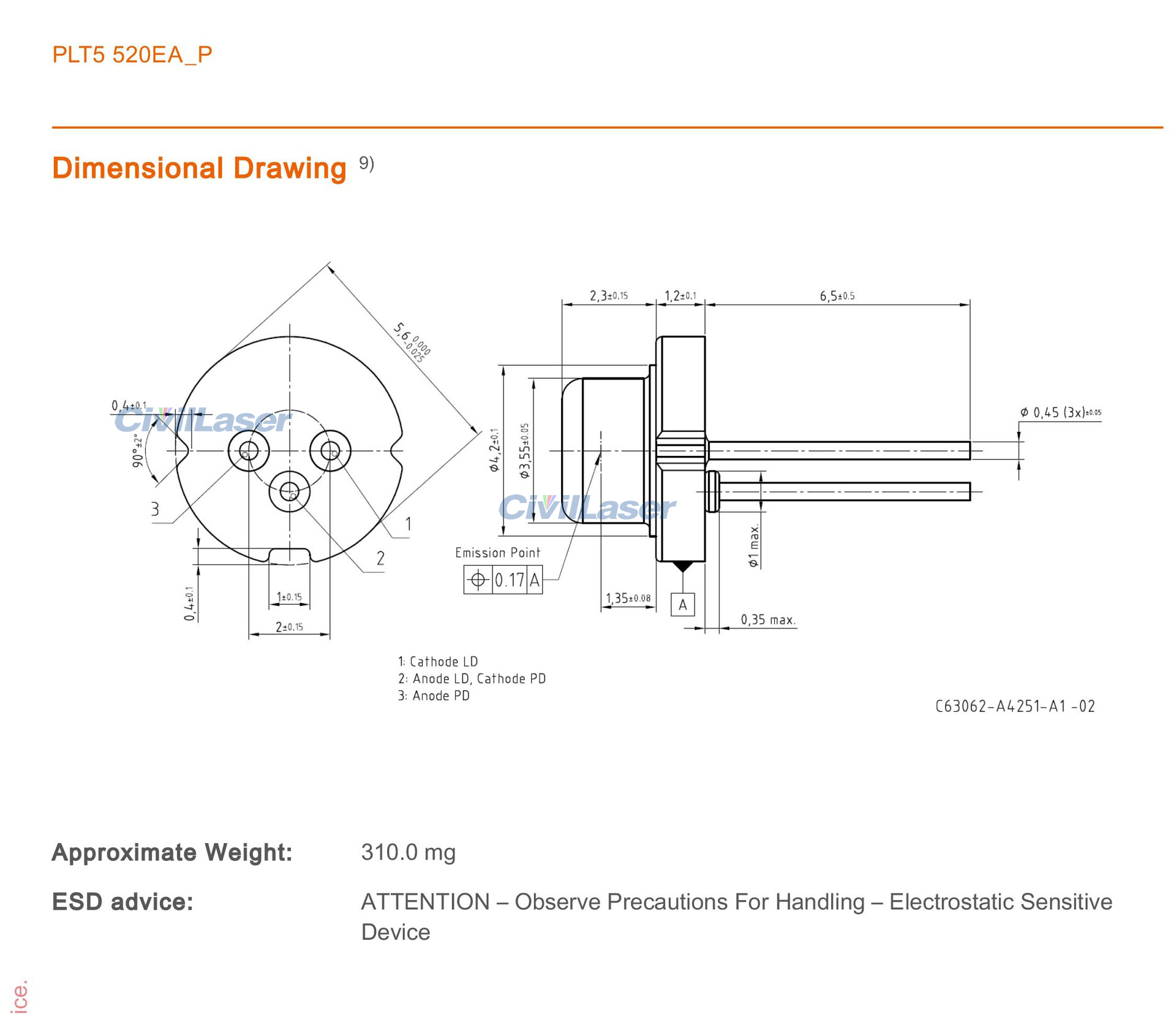 PLT5 520EA_P 520nm 20mW Laser Diode Osarm Green Laser Source TO56 Package