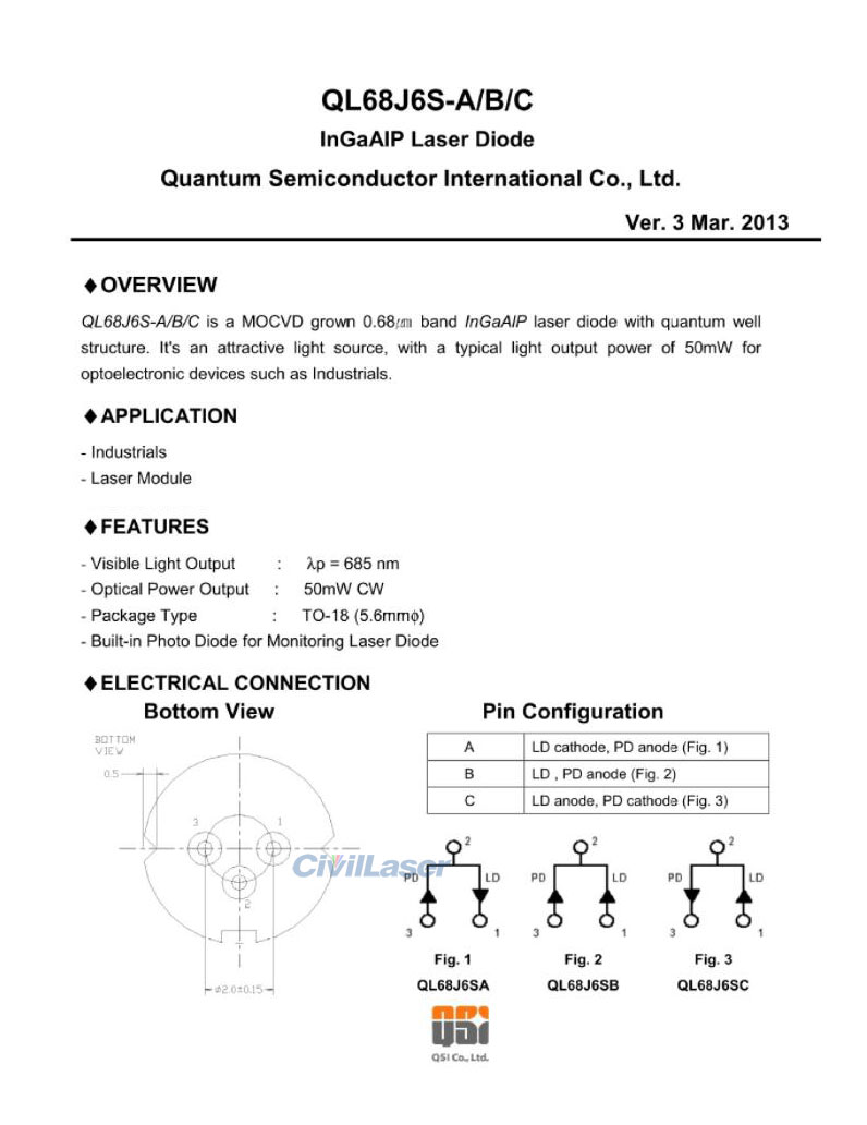 QSI 685nm 50mW Laser Diode Red Laser Module Diode QL68J6SX TO-18 5.6mm