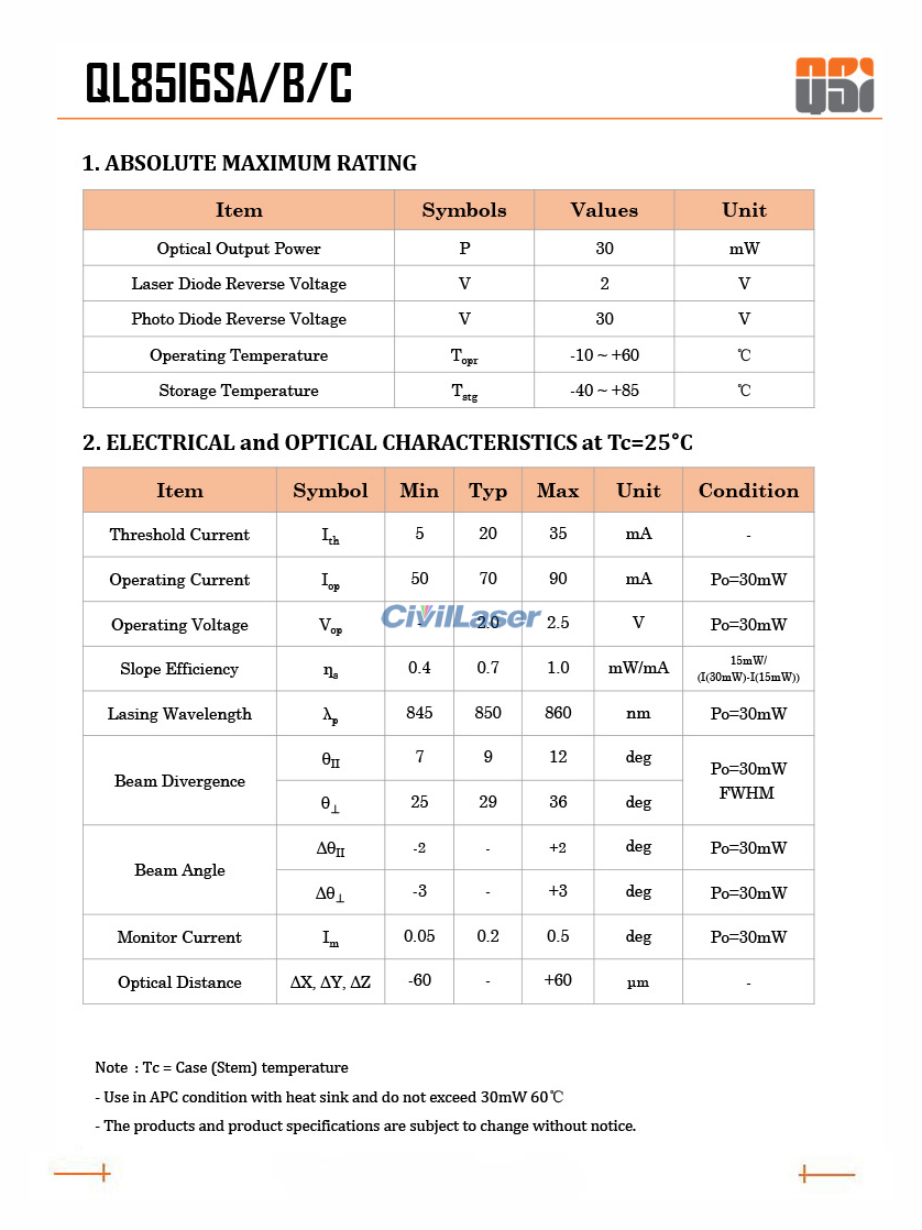 850nm 30mW Inrared Laser Diode QSI QL85I6SX IR LD TO18 Φ5.6mm