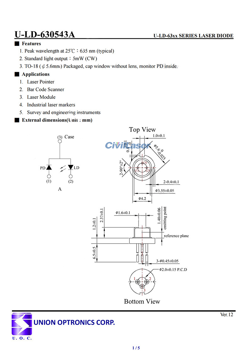 Union 635m 5mW Red Laser Diode U-LD-630543A LD For Barcode Scanning ...