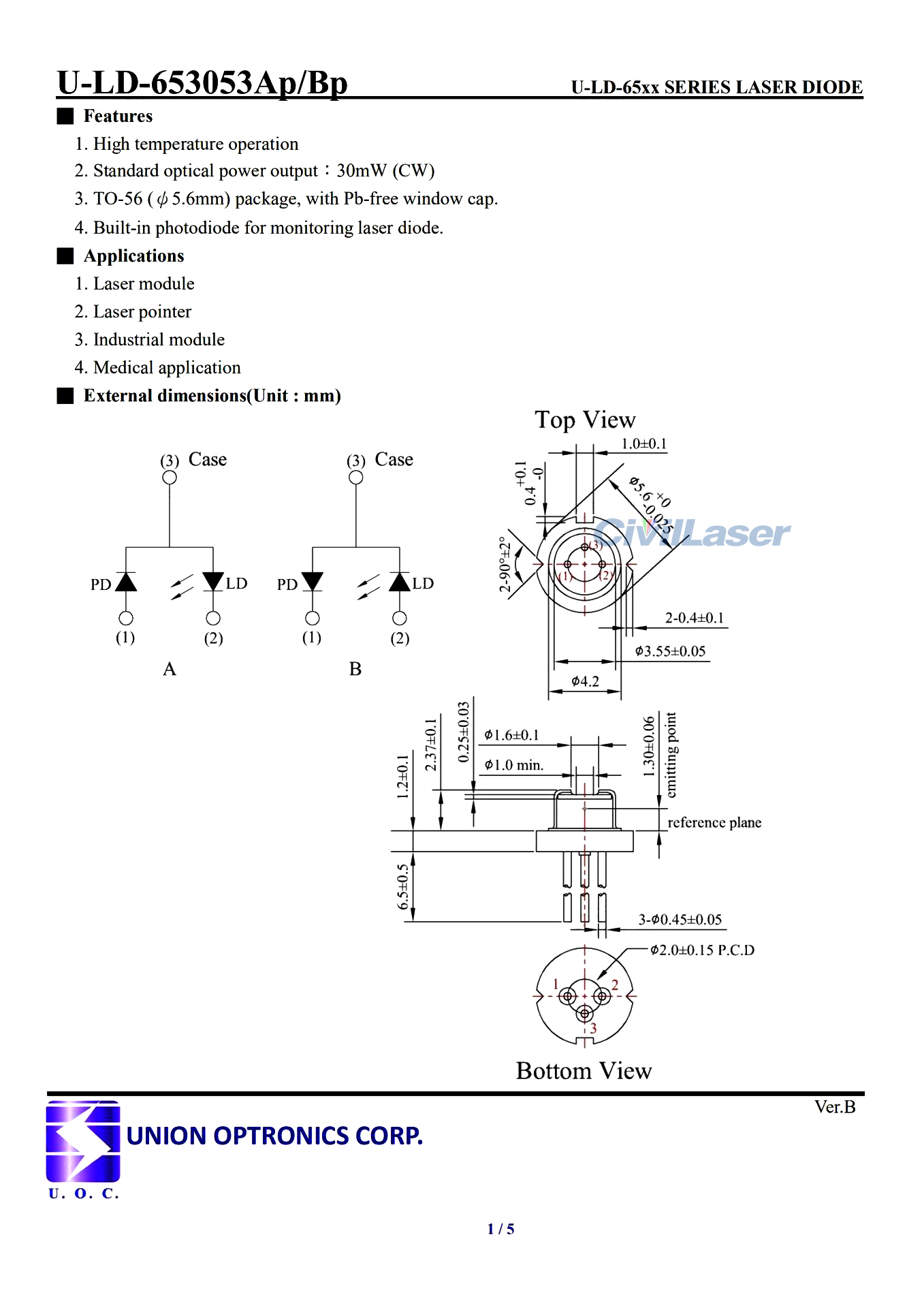 Union U-LD-653053Ap/Bp 650nm 30mW Red Laser Diode TO18 5.6mm Package