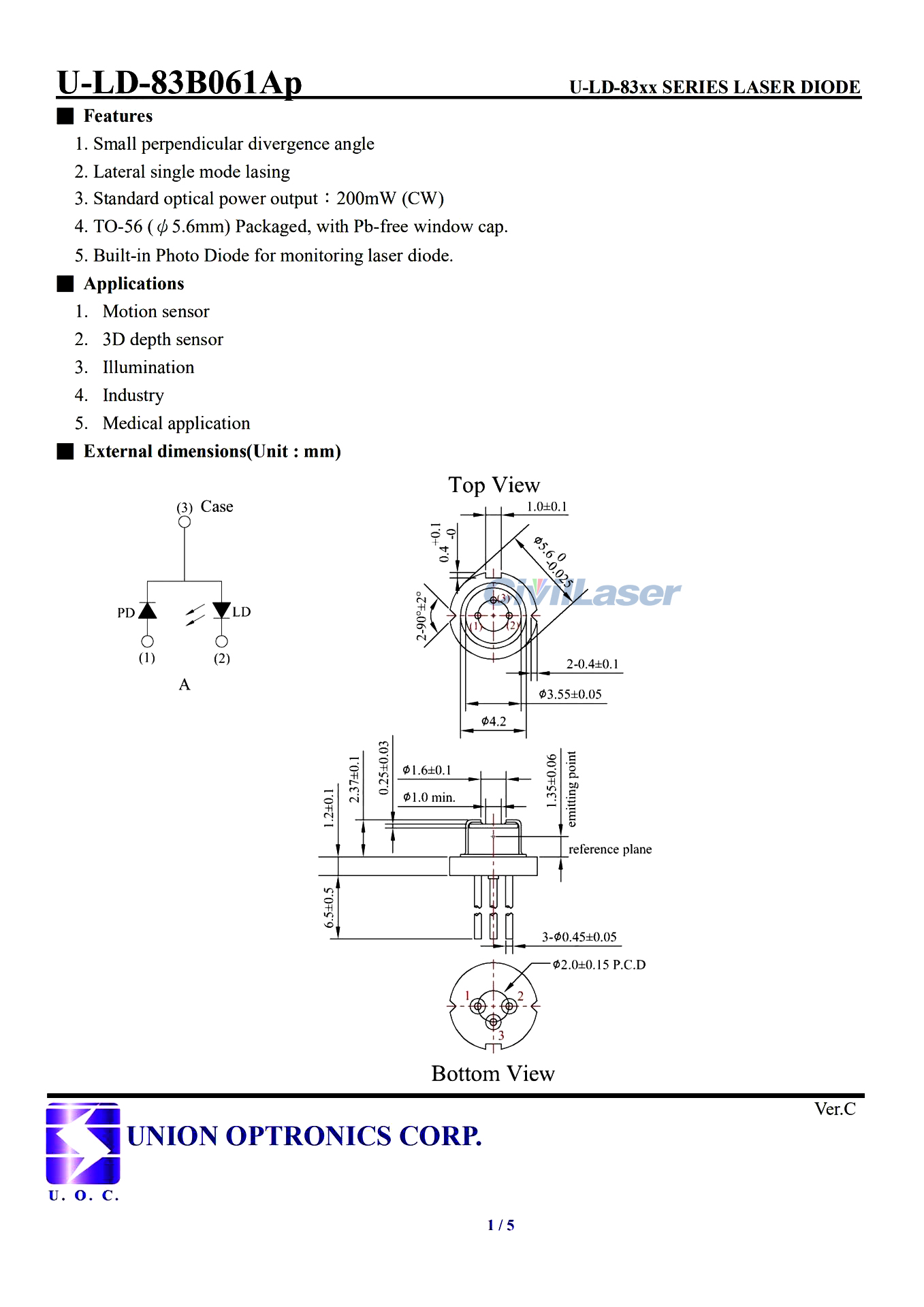 Union U-LD-83B061Ap 830nm 200mW IR Laser Diode TO-18 Package