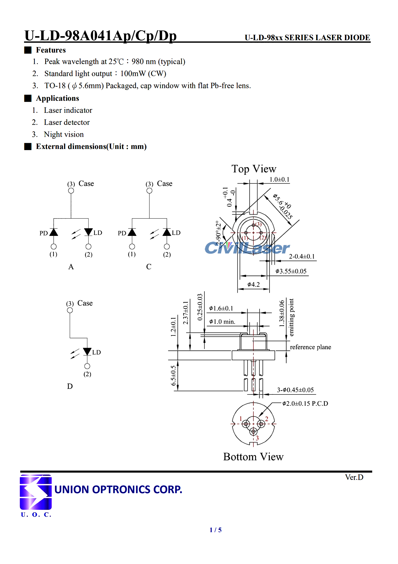 Union U-LD-98A041Ap/Cp/Dp 980nm 100mW IR Laser Diode TO18 Package