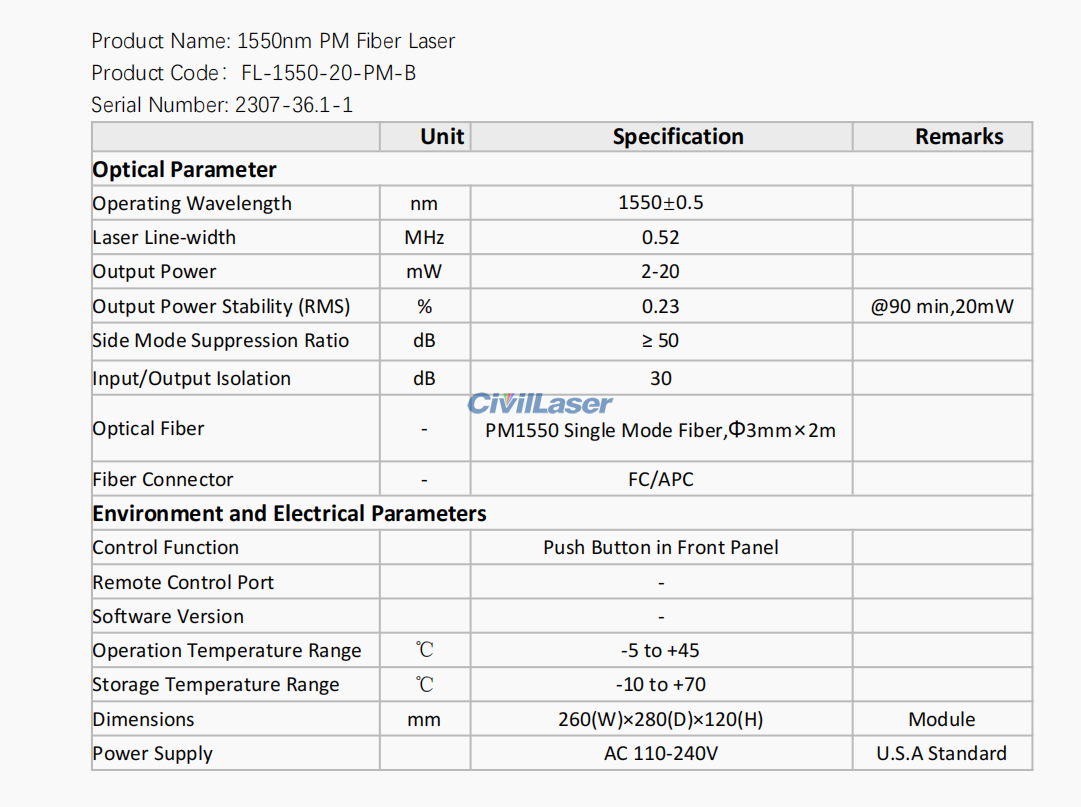1550nm 20mW 1MHz Spectral Linewidth PM Fiber Laser – Laser technology ...